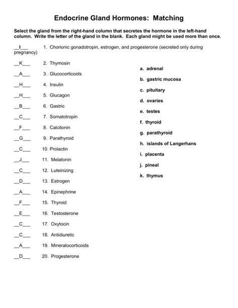 Endocrine Hormones Matching Worksheet