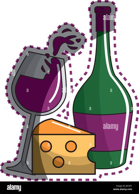 Sticker Glass Splashing Wine And Bottle And Cheese Icon Stock Vector