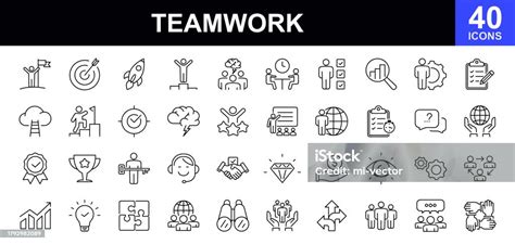 비즈니스 팀워크 웹 아이콘 세트 팀 작업 간단한 얇은 선 아이콘 모음 동료 작업 그룹 협력 및 협업 팀 빌딩 인적 자원 등을 포함합니다 팀워크에 대한 스톡 벡터 아트 및
