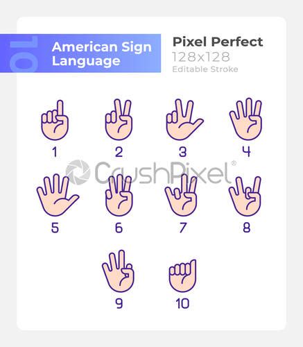 Digits In American Sign Language Pixel Perfect RGB Color Icons Stock Vector Crushpixel
