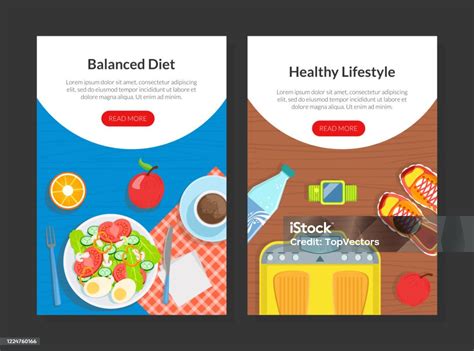 균형 잡힌 다이어트 건강한 라이프 스타일 방문 페이지 템플릿 세트 영양 계획 해독 프로그램 모바일 앱 홈페이지 플랫 벡터