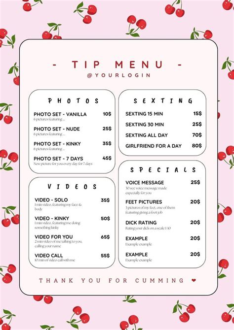 Editable Onlyfans Fansly Tip Menu Cute Pink Cherry Design Etsy