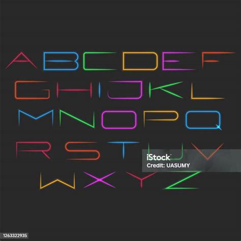빛나는 네온 글꼴 타이포그래피 모형 얇은 밝은 여러 가지 색상의 라인에서 문자 세트 휴일 포스터와 배너의 디자인을위한 최소한의 장식 0명에 대한 스톡 벡터 아트 및 기타