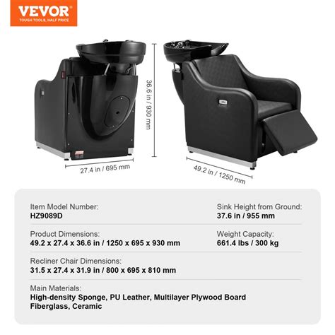 Vevor Shampoo Backwash Chair 6614lbs Loading Barbershop Hair Washing