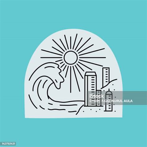 모노 라인 아트 디자인의 웨이브 일러스트레이션이있는 해변 근처의 도시 0명에 대한 스톡 벡터 아트 및 기타 이미지 0명 건축 건축물 Istock