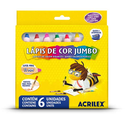 Lápis de Cor Jumbo 6 Cores Ponta Giz ACRILEX Papelaria Araújo
