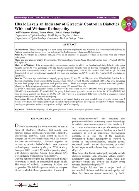 Pdf Hba1c Levels An Indicator Of Glycemic Control In Diabetics With And Without Retinopathy