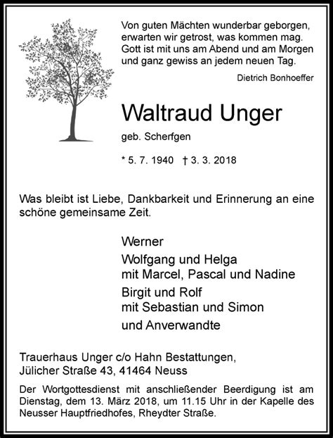Alle Traueranzeigen für Waltraud Unger trauer rp online de