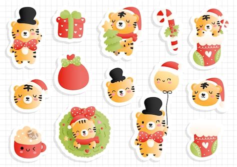 크리스마스 호랑이 스티커 호랑이의 해 2022 스티커 프리미엄 벡터