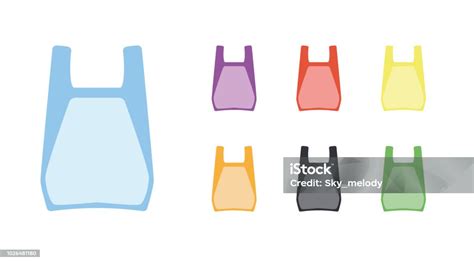 색깔의 비닐 봉투 아이콘 세트입니다 일회용 셀로판 패키지 서명 핸들 평면 스타일 패킷 파란색 빨간색 보라색 노란색 오렌지 검정 녹색 색깔 벡터 일러스트 절연입니다 비닐