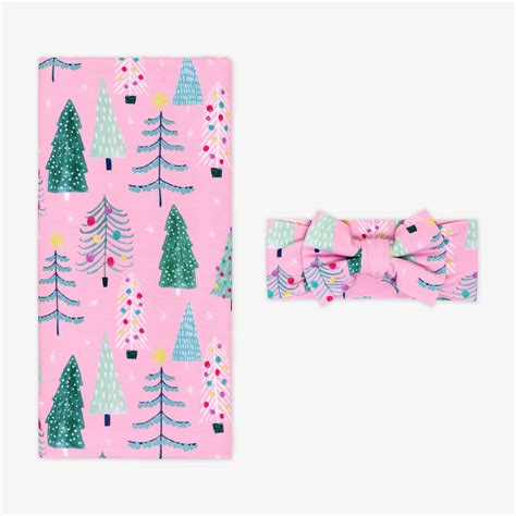 Pink Twinkling Trees Swaddle And Luxe Bow Headband Set Little Sleepies
