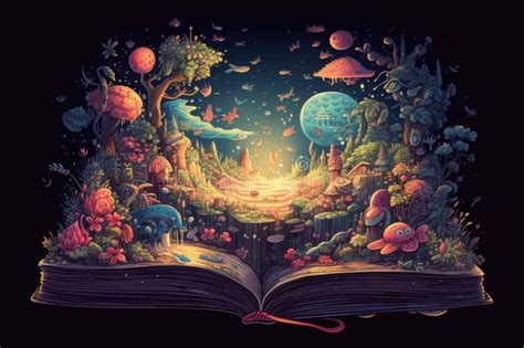 Open Magic Book On Dark Background Generative AI Stock Illustration