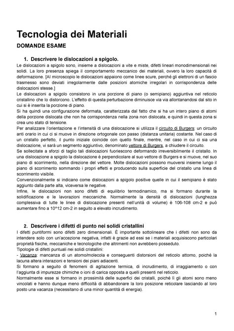 Tecnologia Dei Materiali Domande Esame Tecnologia Dei Materiali