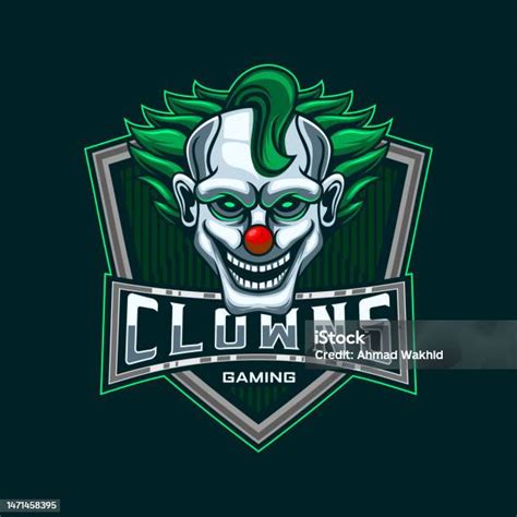 광대 E스포츠 벡터 마스코트 엠블럼 디자인과 배지에 대 한 현대적인 일러스트 개념 스타일 스포츠 및 E스포츠 팀을 위한 미소 광대 그림 E스포츠에 대한 스톡 벡터 아트 및