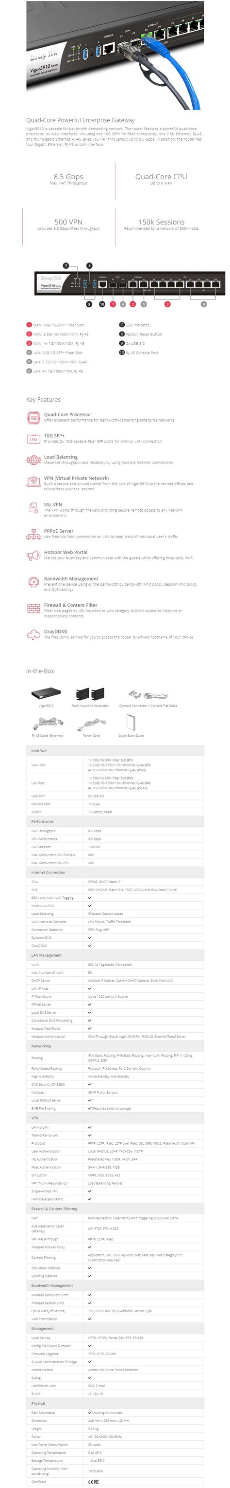Draytek Vigor 3910 8 Port Wan Gigabit Broadband Router With 2 Sfp Vigor3910 Mwave