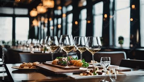 Elegant Restaurant Table With Wine Glass And Appetizers In A Soft Light
