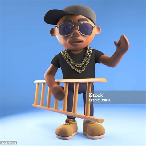 Kartun 3d Hitam Hip Hop Rapper Emcee Karakter Membawa Tangga Ilustrasi