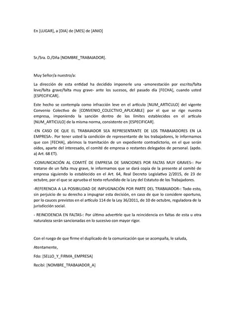 Modelo Carta Sanción En LUGAR a DIA de MES de ANIO Sr Sra