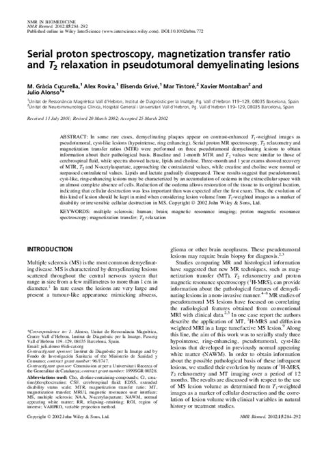 Pdf Serial Proton Spectroscopy Magnetization Transfer Ratio And T2 Relaxation In