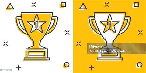 코믹 스타일의 벡터 만화 트로피 컵 아이콘 우승자 사인 일러스트 픽토그램 수상 상품 비즈니스 스플래시 효과 컨셉 1위에 대한 스톡 벡터 아트 및 기타 이미지 Istock