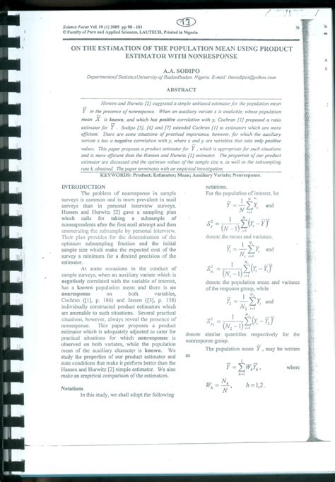 Pdf On The Estimation Of The Population Mean Using Product Estimator With Nonresponse
