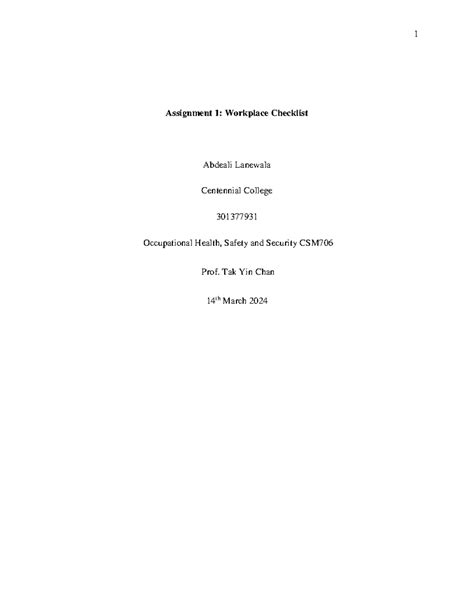 Ohs A1 Assignment Of Ohs Course 1 Assignment 1 Workplace Checklist Abdeali Lanewala