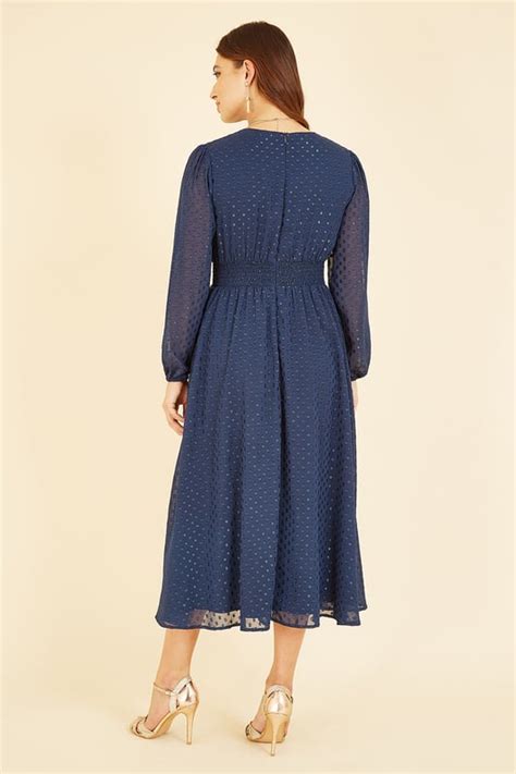 Navy Metallic Dobby Long Sleeve Midi Dress