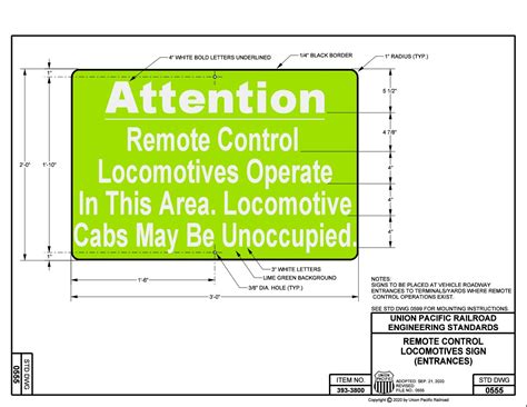 Remote Control Locomotives Sign Entrances UPRR STD DWG Aldon