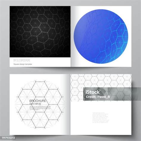 정사각형 디자인 Bifold 브로셔 전단지에 대한 두 개의 커버 템플릿의 벡터 레이아웃 육각형이 있는 디지털 기술과 빅 데이터