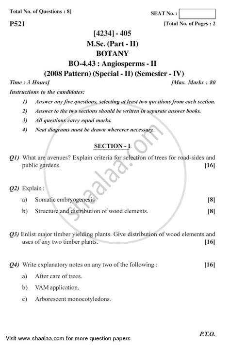 Botany Special Paper Angiosperms M Sc Botany Semester Question Paper With PDF