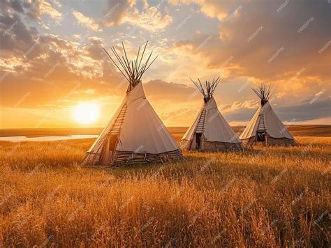 Teepee Camp On The Great Plains At Sunset Golden Hour Grassland