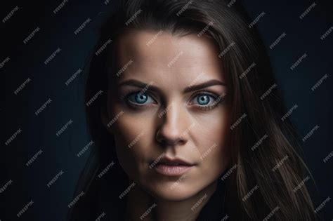 Premium Ai Image Closeup Portrait Of A Confident Woman With Piercing Blue Eyes And Flowing