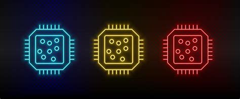 Neon Icon Set Cpu Hardware Set Of Red Blue Yellow Neon Vector Icon