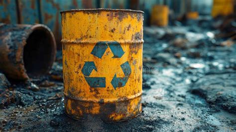 Rusty Yellow Barrel With A Recycling Symbol In A Polluted Environment
