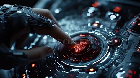 A Close Up Of A Hand Scanning A Fingerprint On A Futuristic Circuit Board With Glowing Red
