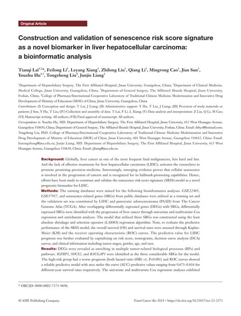 Pdf Construction And Validation Of Senescence Risk Score Signature As A Novel Biomarker In
