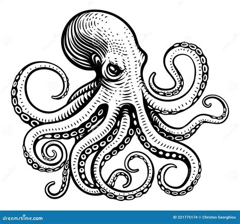 Octopus Cthulhu Squid Monster Tentacles Woodcut Vector Illustration
