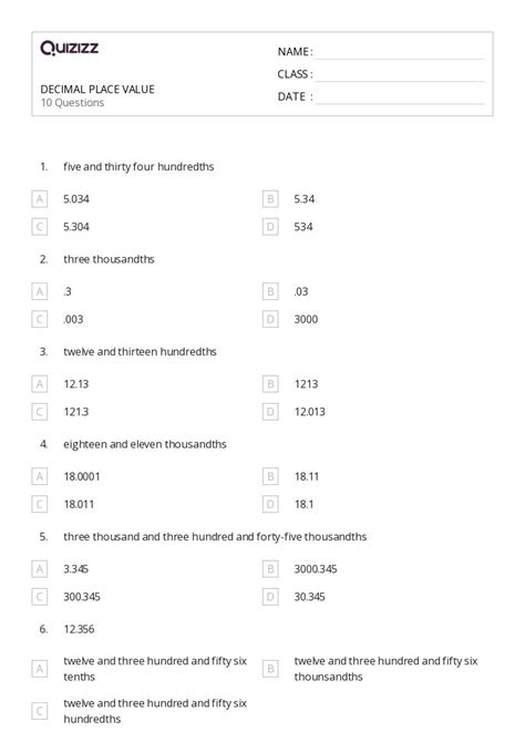 50 Decimal Place Value Worksheets For 7th Class On Quizizz Free