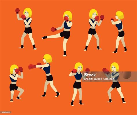 다양한 포즈 여자 만화 복싱 포즈 세트 만화 벡터 일러스트 건강한 생활방식에 대한 스톡 벡터 아트 및 기타 이미지 건강한 생활방식 걸이 장비 경호 Istock