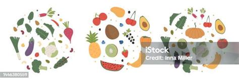 둥근 원에 유기농 야채와 과일의 집합입니다 신선한 현지 농장 채소와 딸기 컬렉션 건강 한 채식 음식 포스터입니다 가을과 열대 여름 수확의 평면 벡터 그림 개체 그룹에 대한