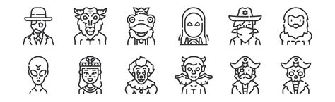 선형 환상적인 문자 아이콘의 12 세트 해적 악마 클레오파트라 카우보이 개구리 왕자 웹 모바일을위한 미노타우로스와 같은 얇은 윤곽 아이콘 Bigfoot에 대한 스톡 벡터