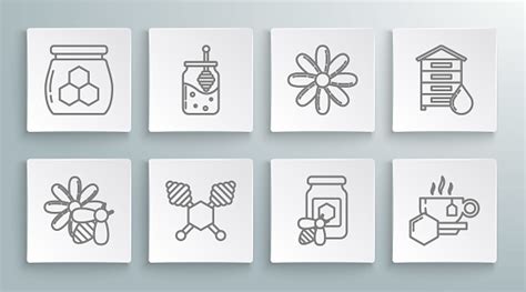 세트 라인 꿀벌과 꽃 꿀 항아리 꿀 국자 스틱 꿀 꿀벌 컵 차 꽃 꿀벌 및 아이콘을위한 하이브 벡터 0명에 대한 스톡 벡터 아트 및 기타 이미지 Istock