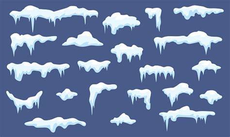 만화 스노우 캡 키트입니다 고드름이 있는 납작한 겨울 모자 눈이 내리는 크리스마스 얼음 요소 계절별 지붕 디자인 서리와 고드름 아늑한 벡터 컬렉션 0명에 대한 스톡 벡터