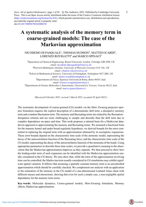 Pdf A Systematic Analysis Of The Memory Term In Coarse Grained Models The Case Of The