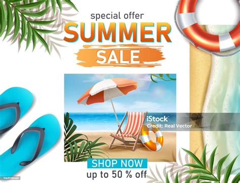 여름 판매 수평 배너 템플릿 여름 해변 요소 일광욕 침대 우산과 아파트 0명에 대한 스톡 벡터 아트 및 기타 이미지 0명 3차원 형태 계절 Istock