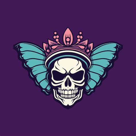 Cabeza de calavera con una corona alas de mariposa ilustración diseño