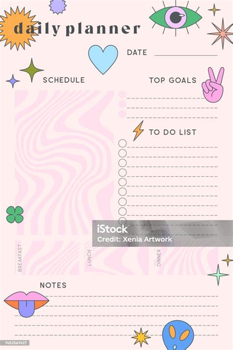 재미있는 Y2k 패치 아이콘 및 엠블럼이 있는 벡터 일일 플래너 템플릿 강렬하고 밝은 색상에 대한 스톡 벡터 아트 및 기타 이미지 강렬하고 밝은 색상 개념 공란