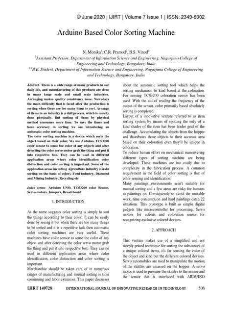 Arduino Based Color Sorting Machine © June 2020 Ijirt Volume 7 Issue 1 Issn 2349 6002
