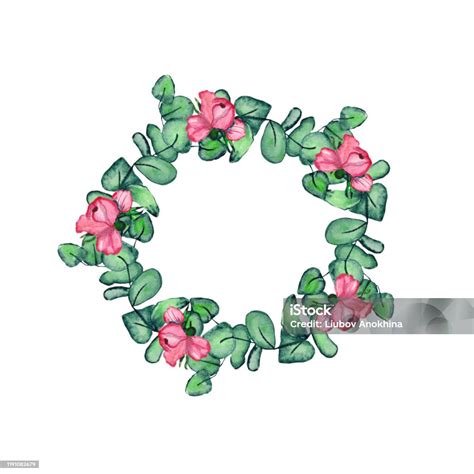 녹색 유칼립투스 잎과 나뭇가지와 초대에 대한 흰색 배경에 분홍색 꽃과 수채화 손 그린 자연 프레임 구도에 대한 스톡 벡터 아트 및 기타 이미지 Istock