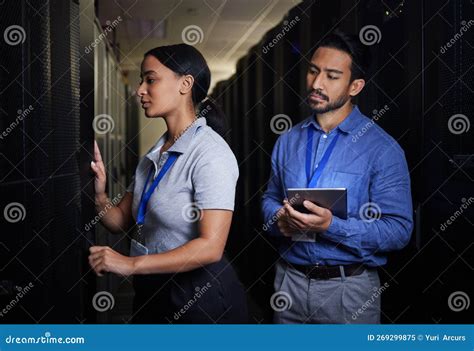 Engineer Server Room Teamwork And Woman Opening Panel For Maintenance